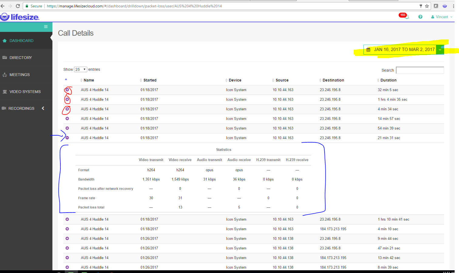 Lifesize CLOUD Call Statistics